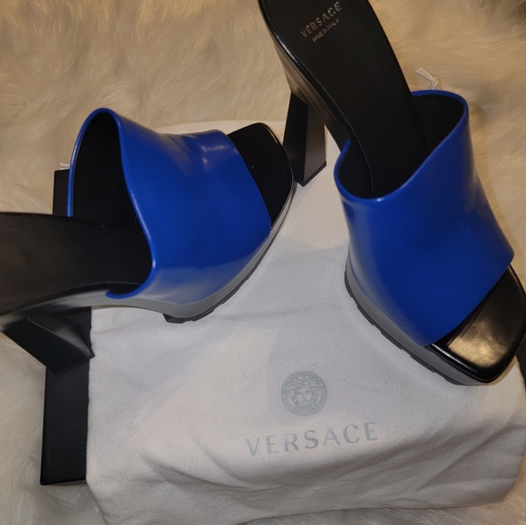 Versace | Shoes | Versace Blue And Black Clog Heels | Poshmark